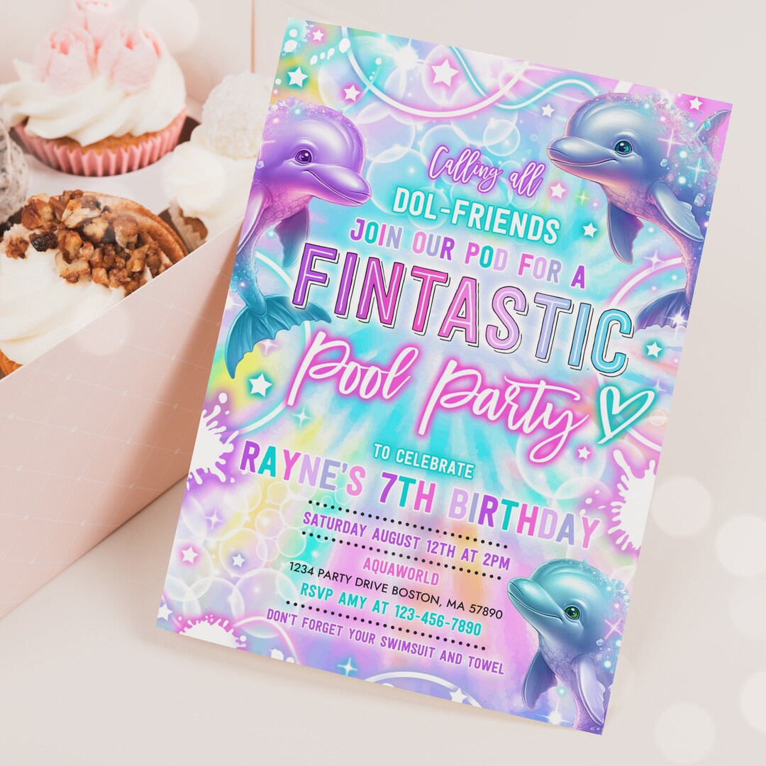 Editable Dolphin Pool Party Invitation Tie Dye Neon Glow Dolphin Under ...