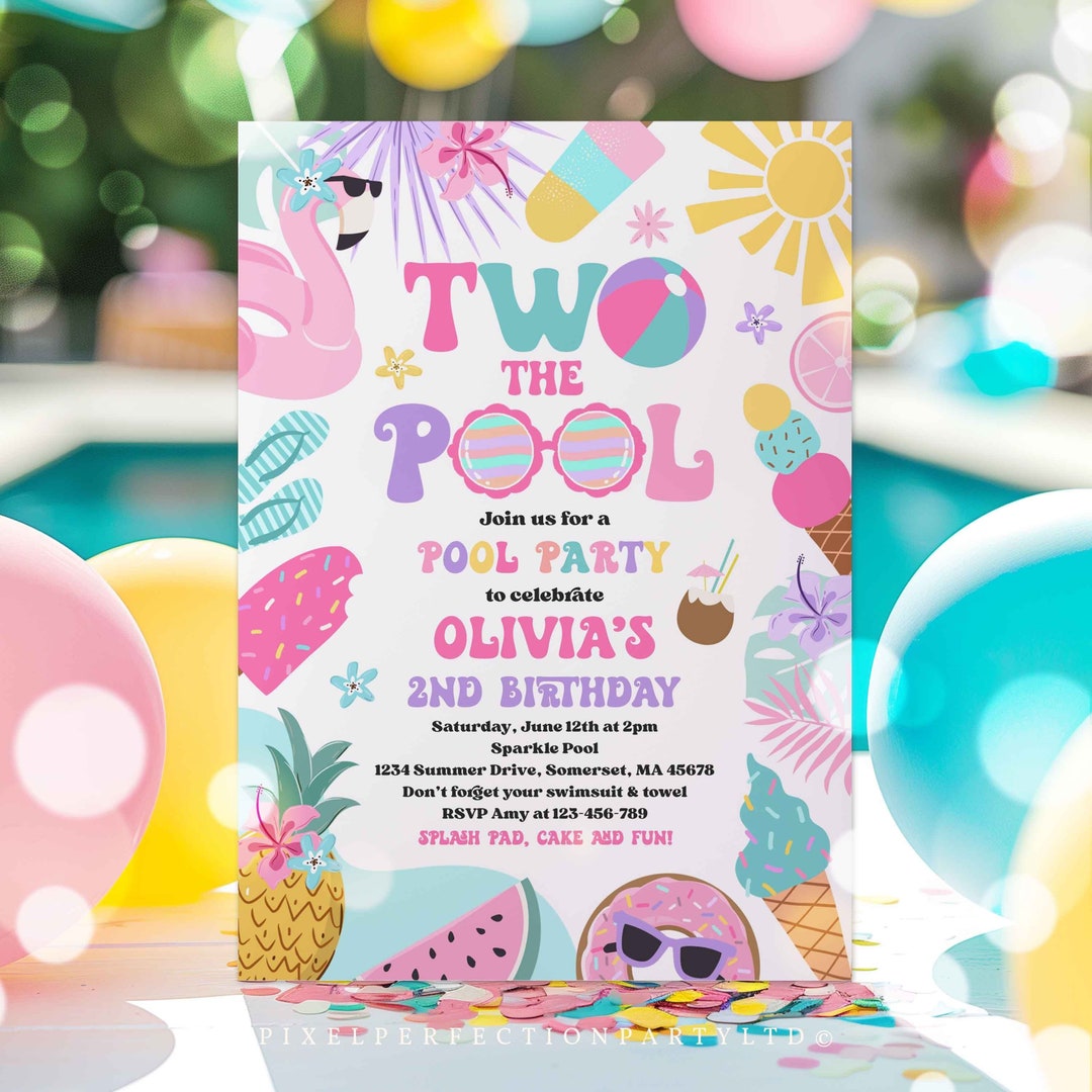 Editable Two the Pool 2nd Birthday Pool Party Invitation Tropical ...