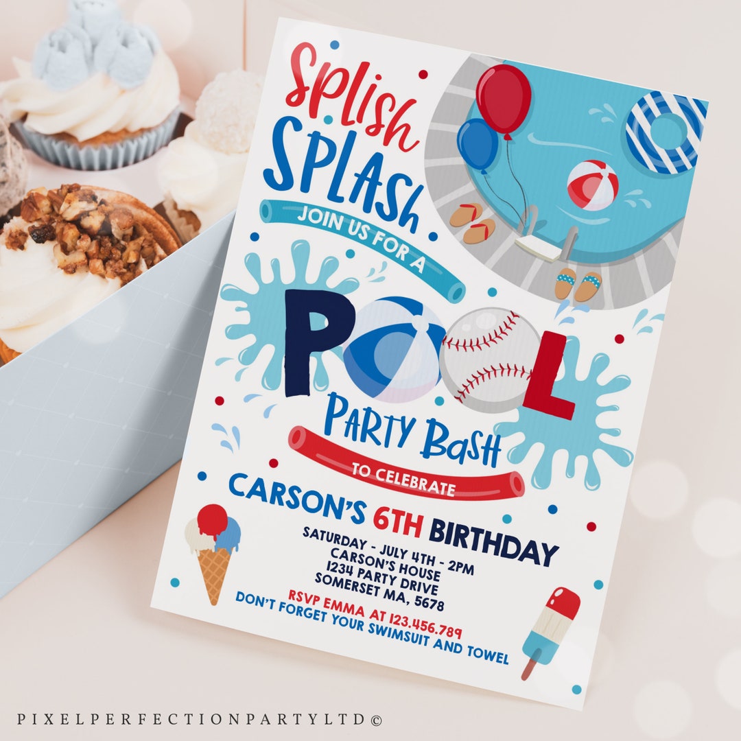Editable Baseball Pool Party Invitation Sports Summer Pool Party Sports ...