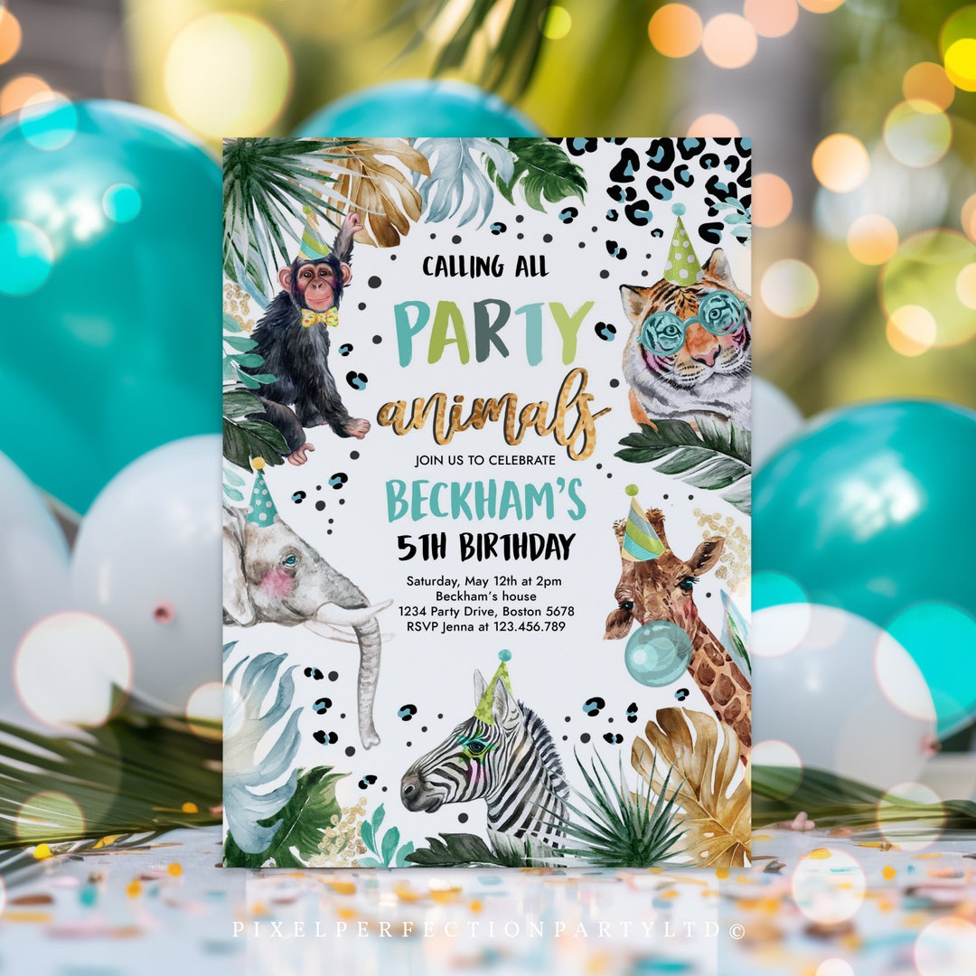 Editable Party Animals Birthday Invitation Leopard Print Safari Animals ...