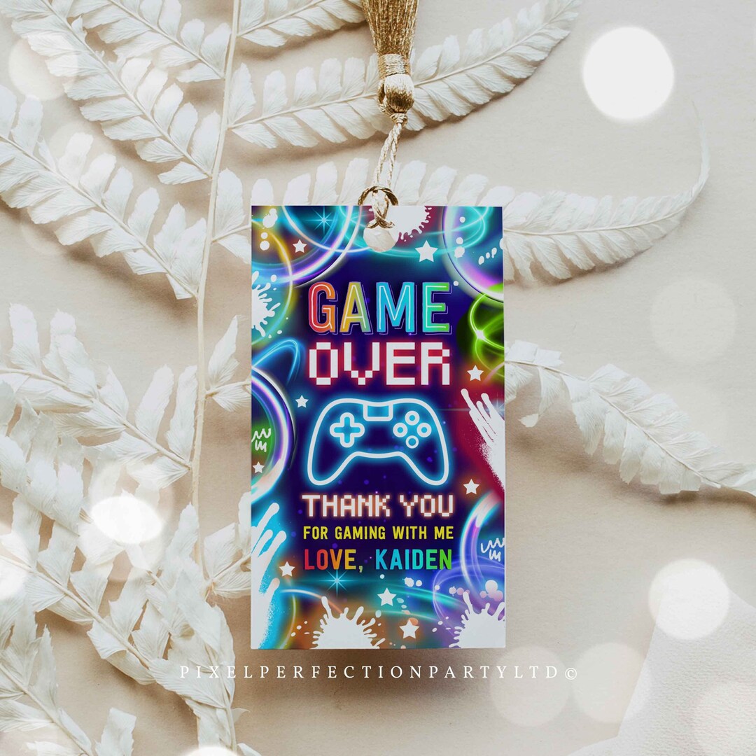 Editable Video Game Party Luggage Favor Tags Neon Gamer Birthday Game ...