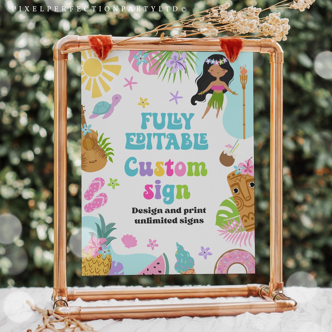 Fully Editable Hawaiian Luau Custom Sign Tropical Pineapple Pool Party ...