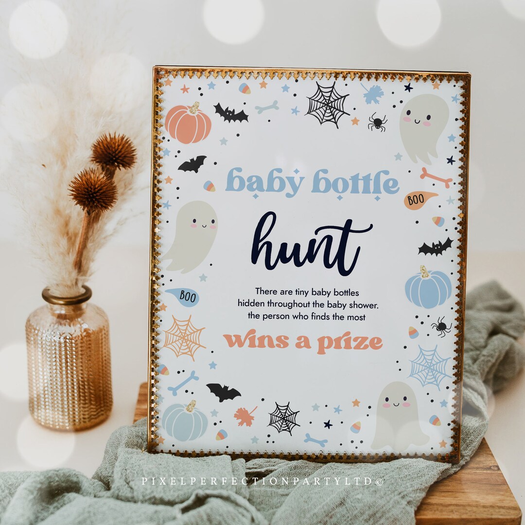 A Little Boo Baby Shower Baby Bottle Hunt Game Sign Halloween Boy Ghost ...