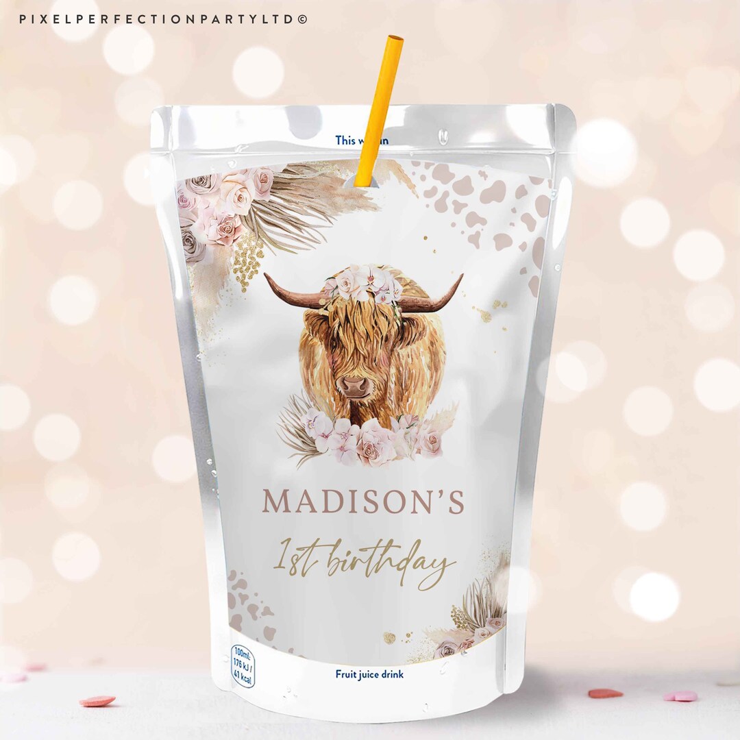 Editable Highland Cow Birthday Party Juice Pouch Labels Holy - Etsy