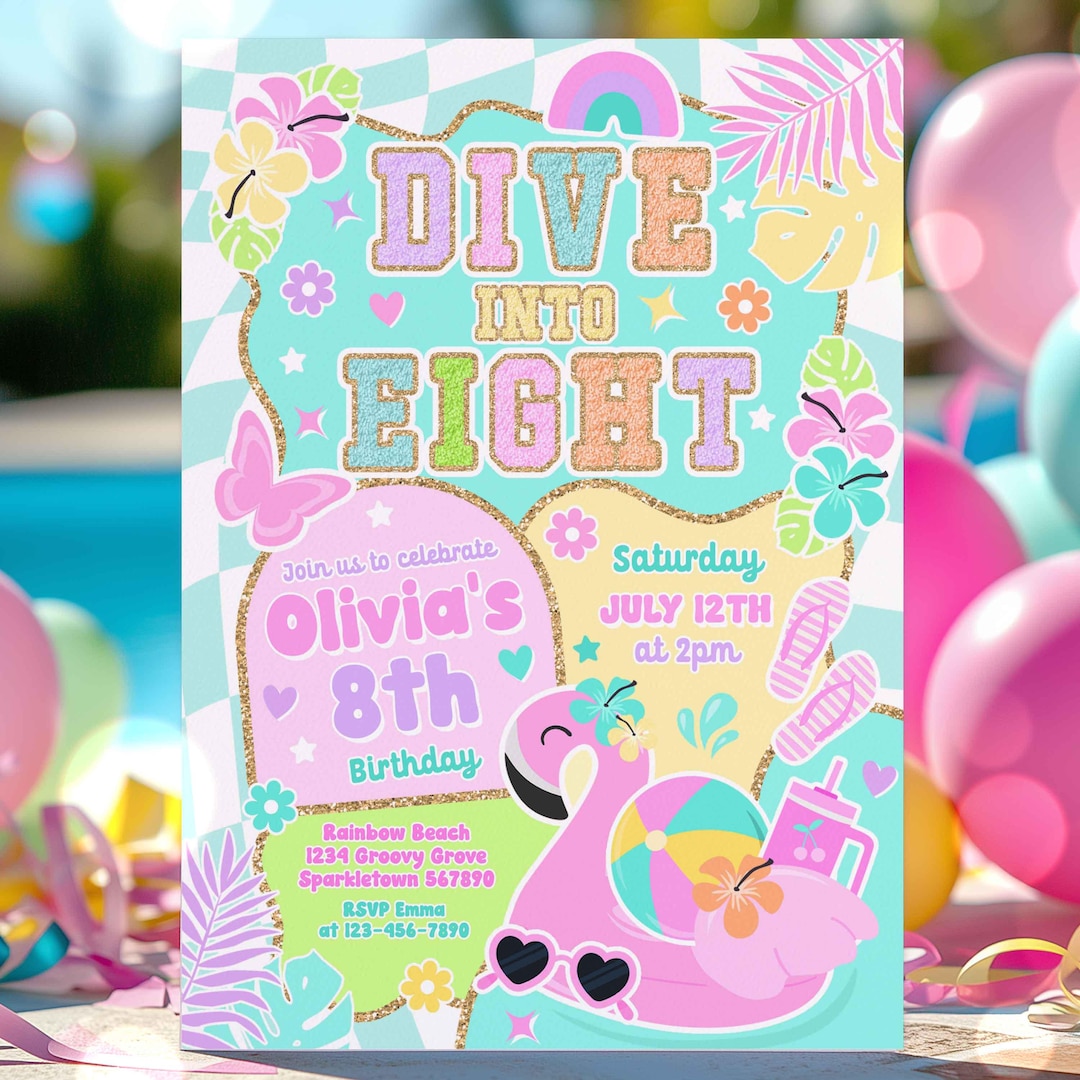 Editable Preppy 8th Birthday Pool Party Invitation Varsity Girl Fashion ...
