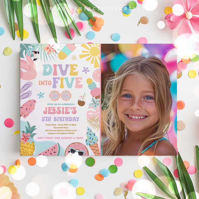 Editable Dive Into Five 5th Birthday Party Invitation Tropical Summer ...