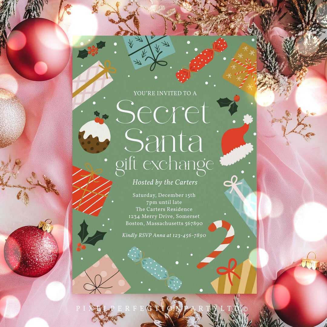 Editable Secret Santa Gift Exchange Invitation Santa Holiday Gift ...