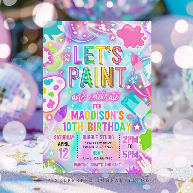 Editable Pottery Painting Birthday Party Invitation Neon Glow Paint and ...