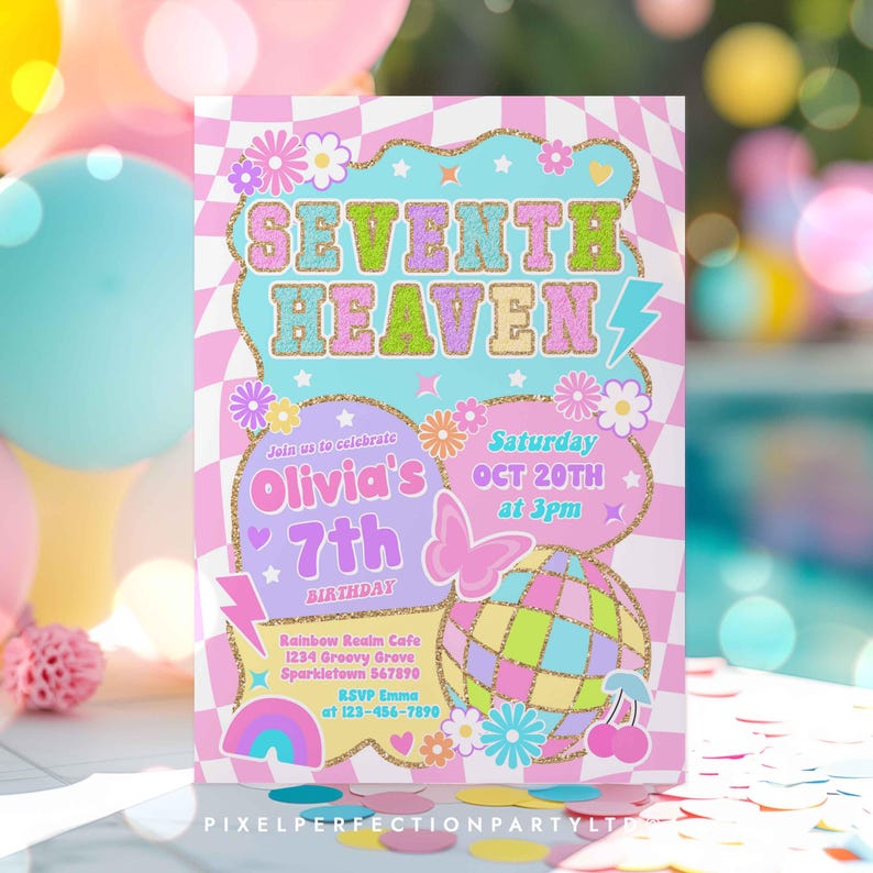 Editable Seventh Heaven Preppy 7th Birthday Party Invitation Groovy ...