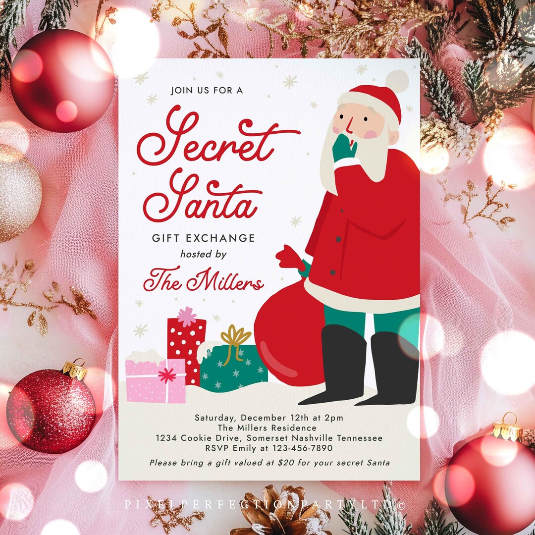 Editable Secret Santa Gift Exchange Invitation Santa Holiday Gift ...