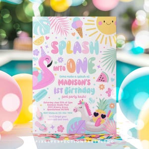 Editable Splash Into One 1st Birthday Pool Party Invitation Tropical ...