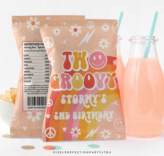 Editable Groovy Birthday Party Chip Bag Label Two Groovy Birthday Party ...