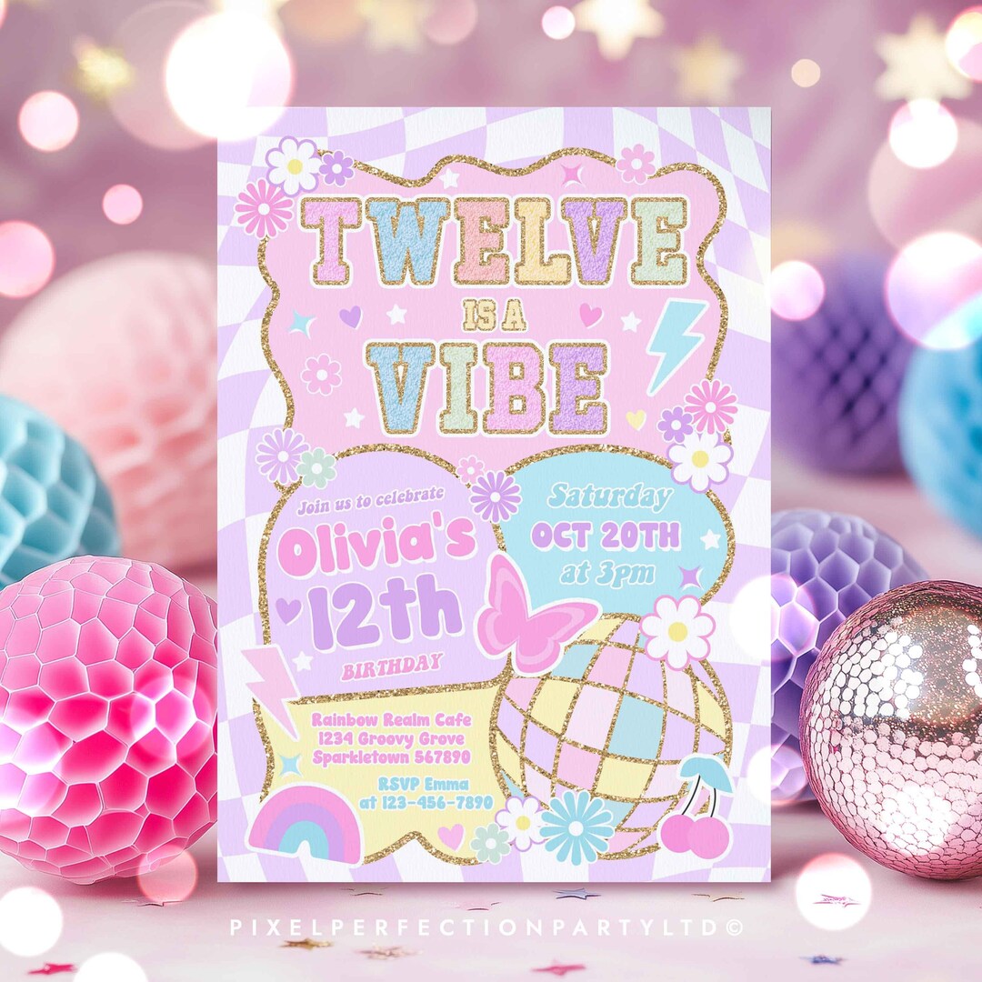 Editable Twelve is A Vibe Preppy 12th Birthday Party Invitation Groovy ...