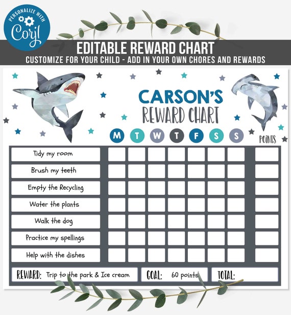 Editable Shark Reward Chart Shark Chore Chart Kids Routine Chart ...