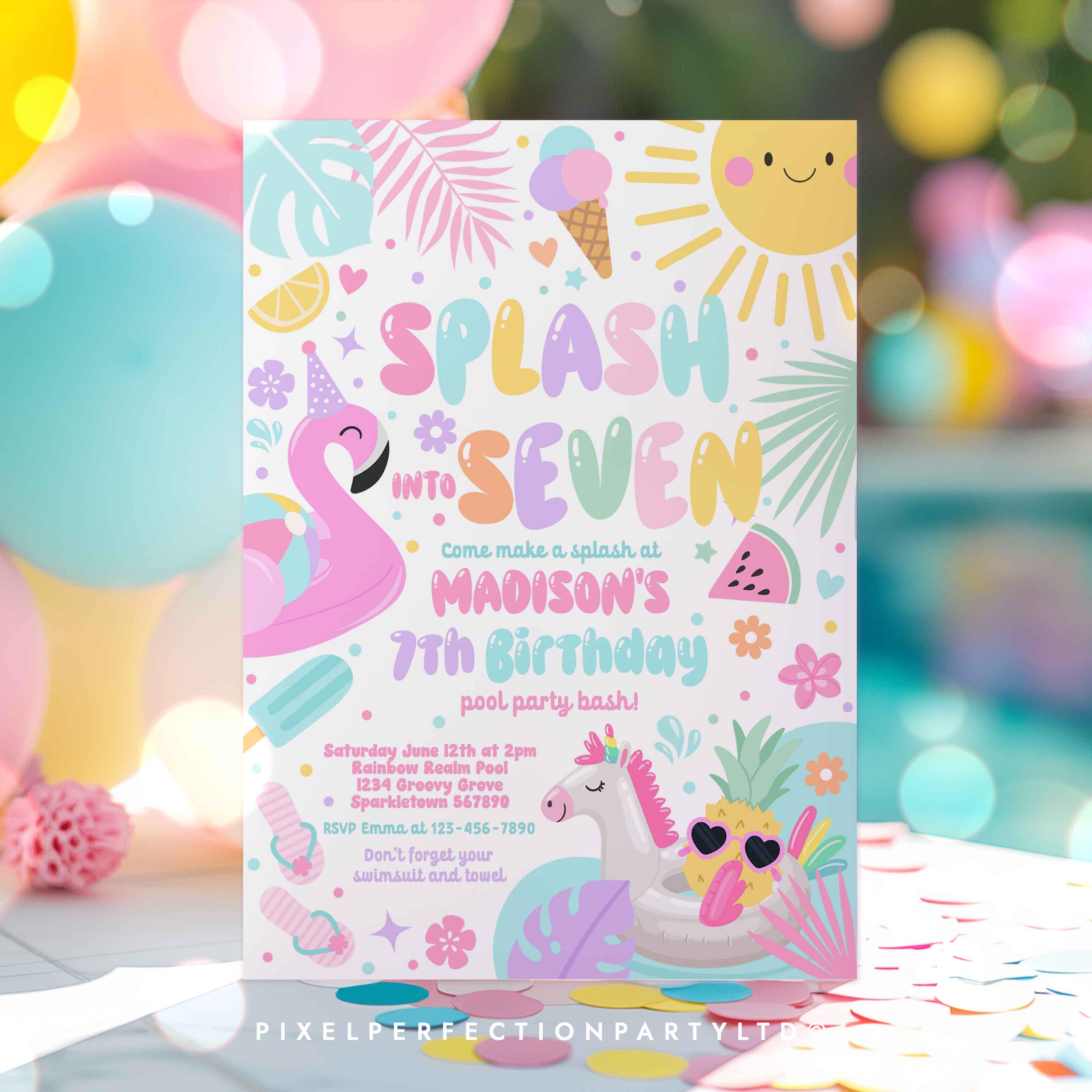 Editable Splash Into Seven 7th Birthday Pool Party Invitation Tropical ...