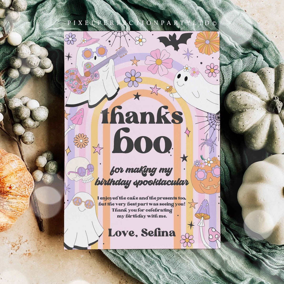 Editable Spooky Halloween Ghost Birthday Thank You Card Retro Groovy ...