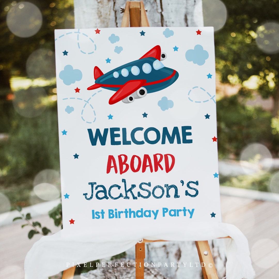 Editable Airplane Welcome Sign Aircraft Birthday Party Welcome Aboard ...