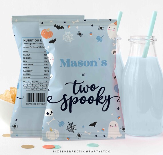 Editable Blue Halloween Chip Bag Favors Blue Ghost Two Spooky Chip ...