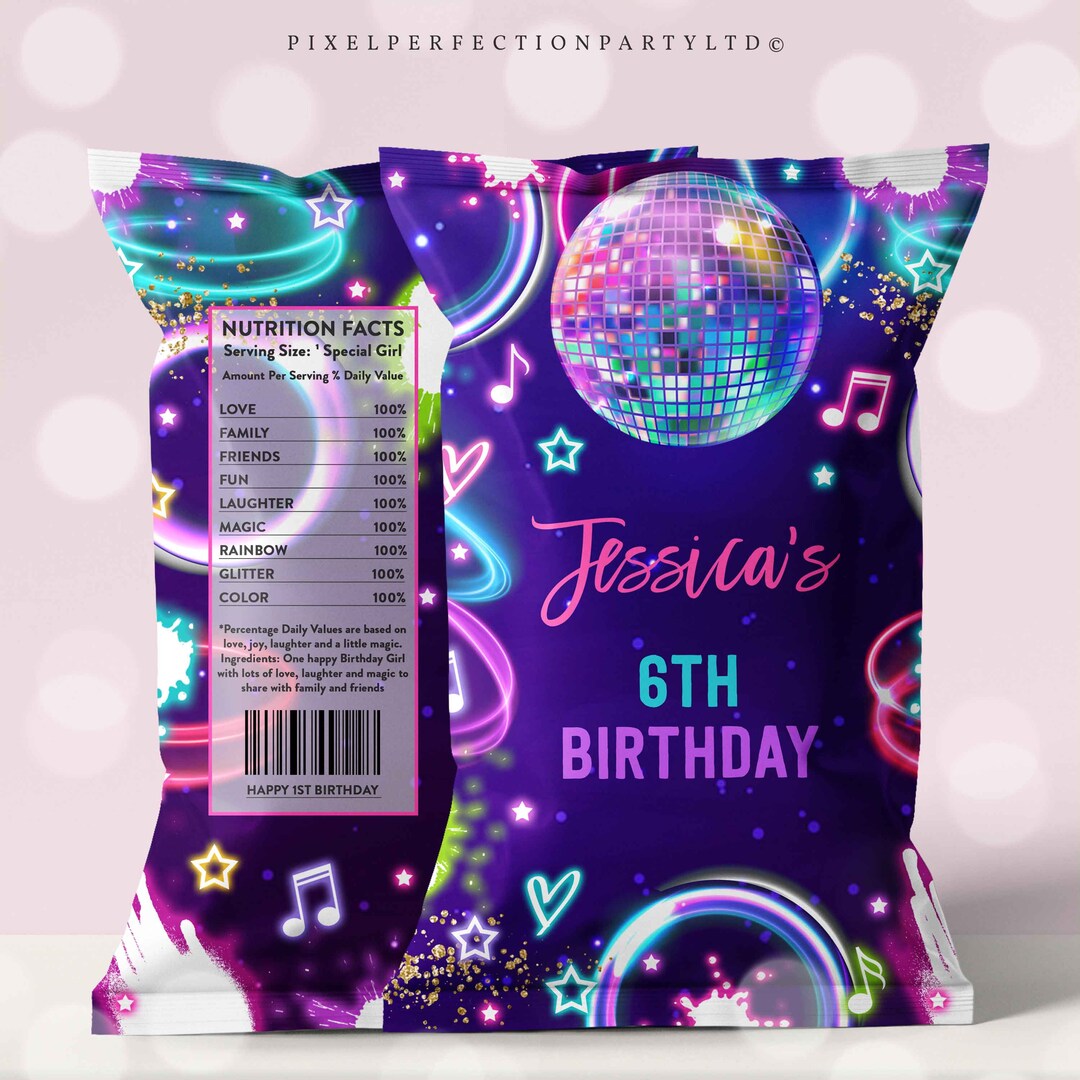 Editable Dance Party Chip Bag Neon Glow Dance Party Chip Wrapper Neon ...