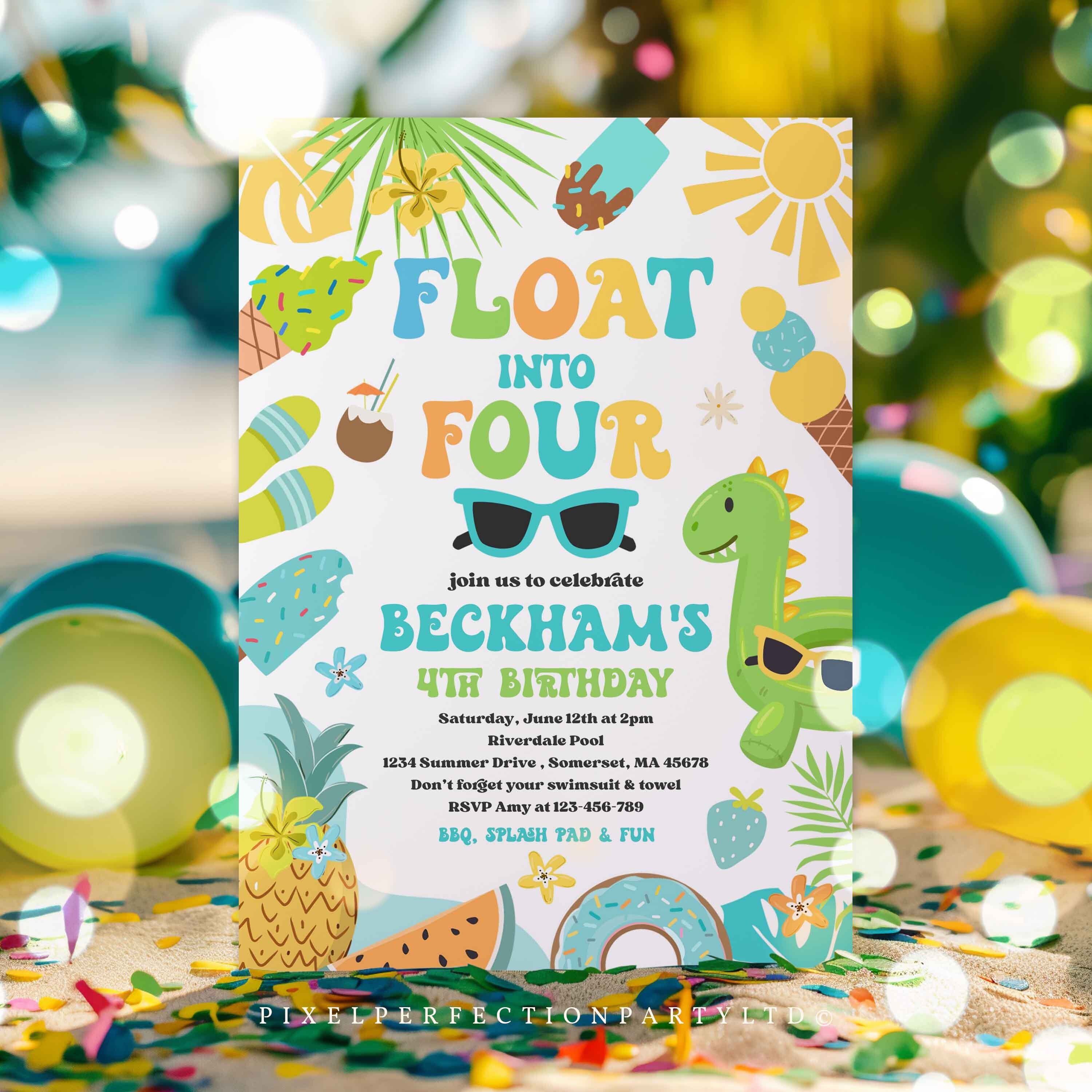 Editable Float Into Four 4th Birthday Pool Party Invitation Tropical ...