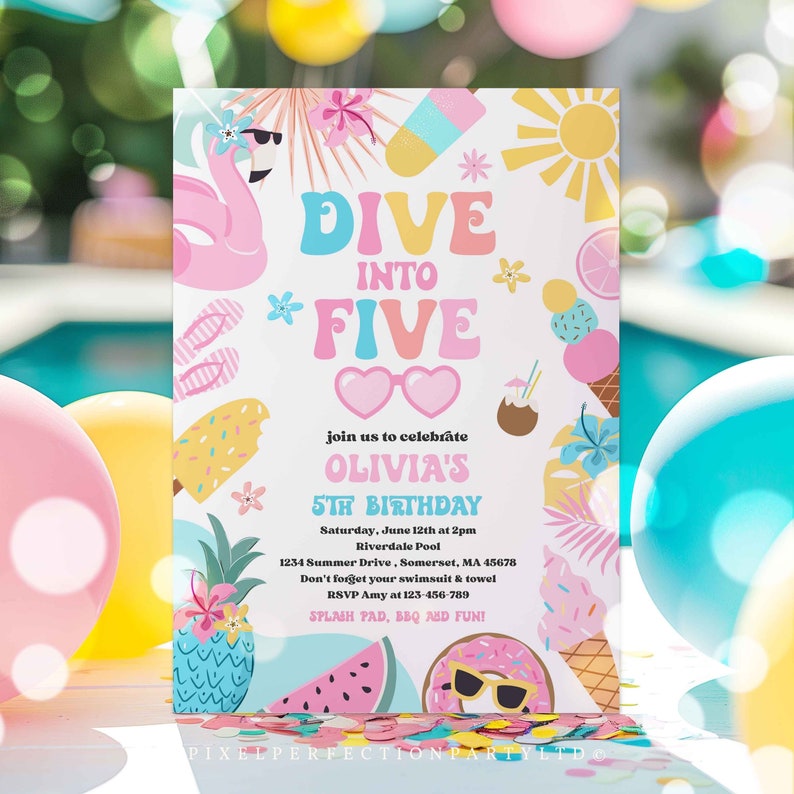 Editable Dive Into Five 5th Birthday Party Invitation Tropical Summer ...