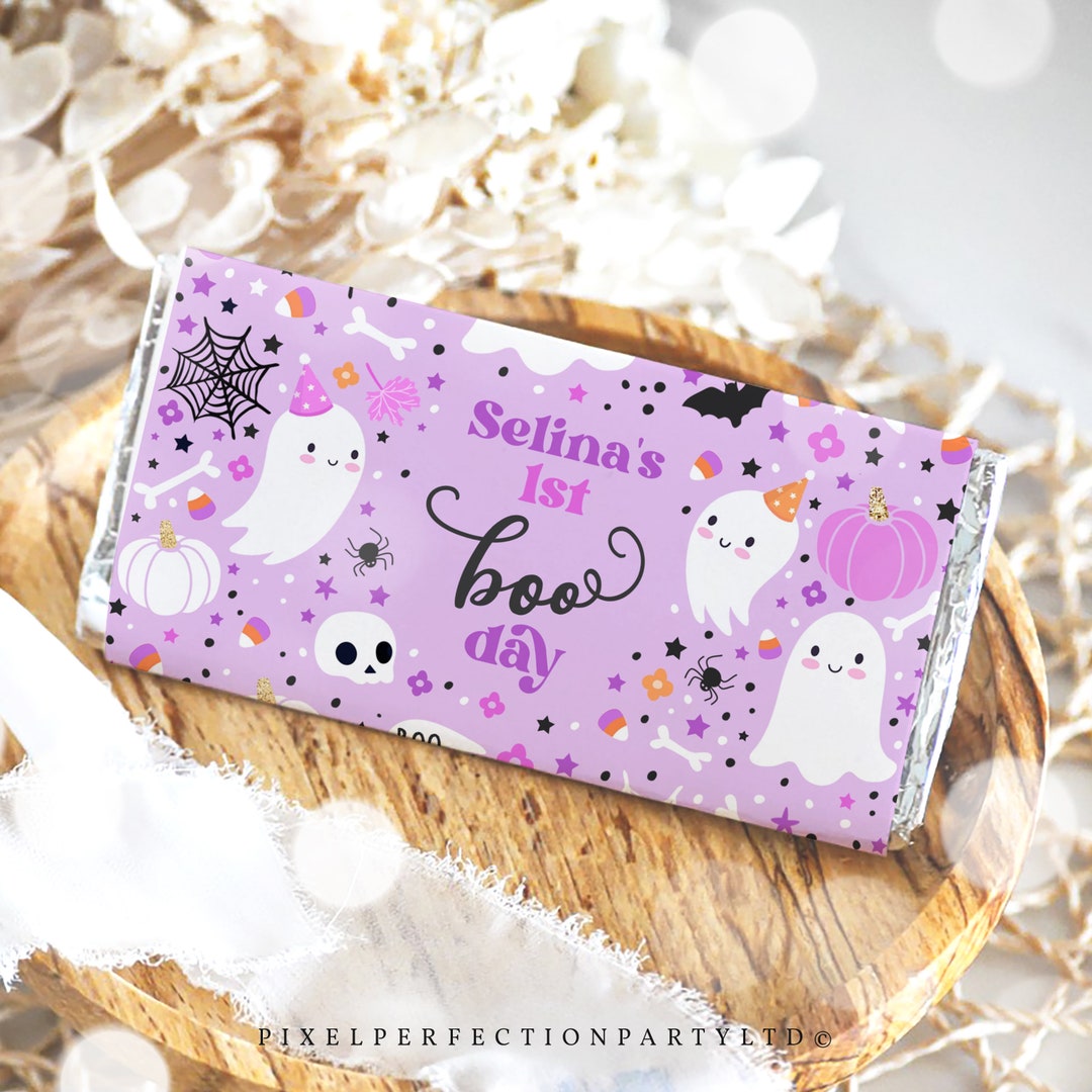 Editable Purple Halloween Ghost Birthday Party Candy Bar Label Ghost ...