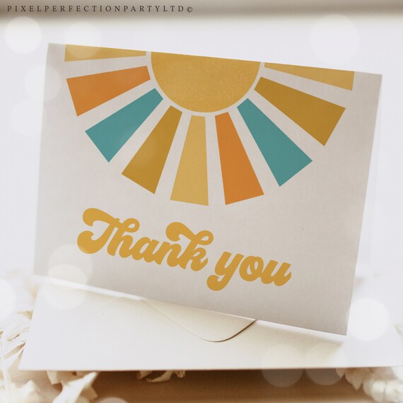 Editable Sunshine Baby Shower Thank You Card Retro Sunshine Fold Over ...