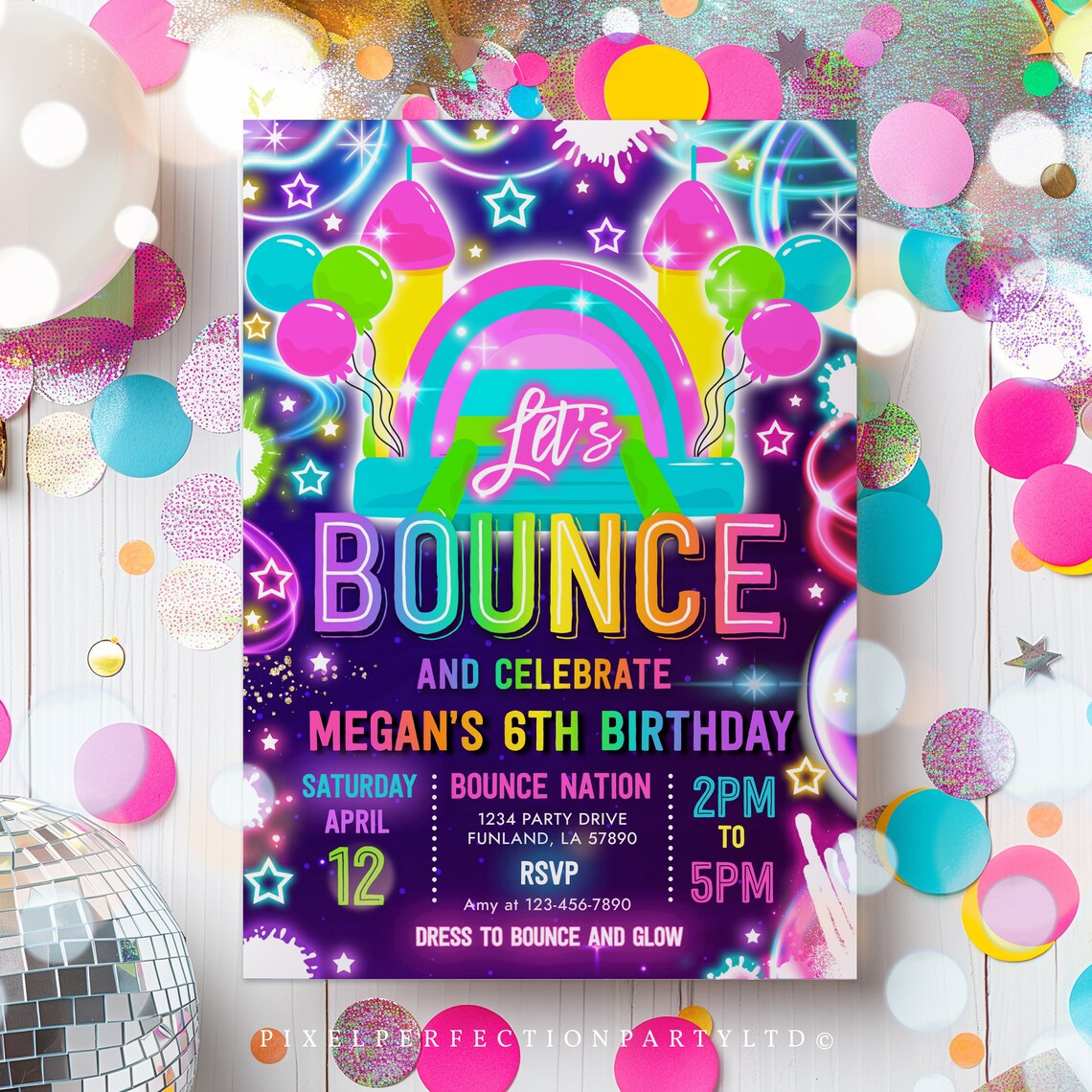 Editable Bounce House Birthday Party Invitation Neon Glow Bouncy Castle ...