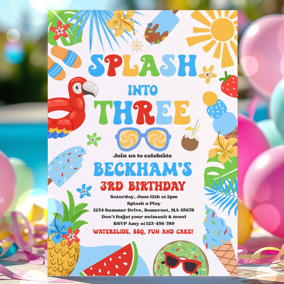 Editable Splash Into Three 3rd Birthday Pool Party Invitation Tropical ...