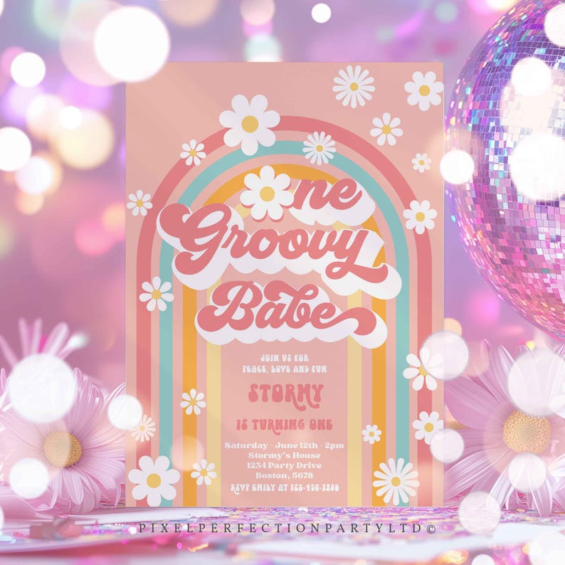Editable One Groovy Babe Birthday Party Invitation Groovy One Birthday ...