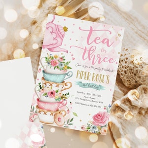 Editable Tea for Three Birthday Invitation Tea for Three 3rd Birthday ...