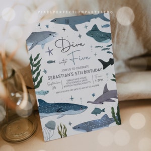 Editable Shark Dive Into Five 5th Birthday Party Invitation Shark Under ...