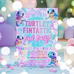 Editable Sea Turtle Pool Party Invitation Tie Dye Neon Glow Turtley ...
