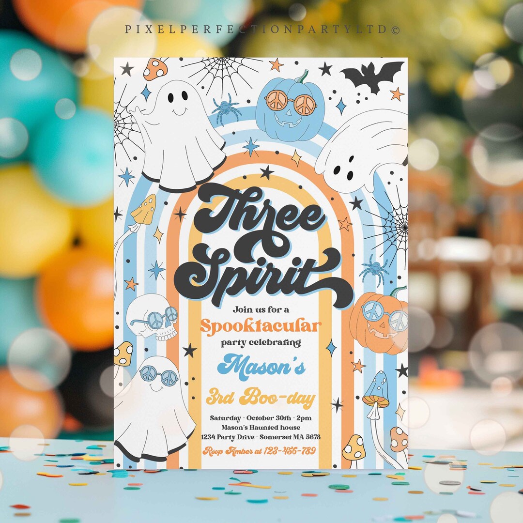 Editable Three Spirit Halloween Ghost 3rd Birthday Invitation Retro ...