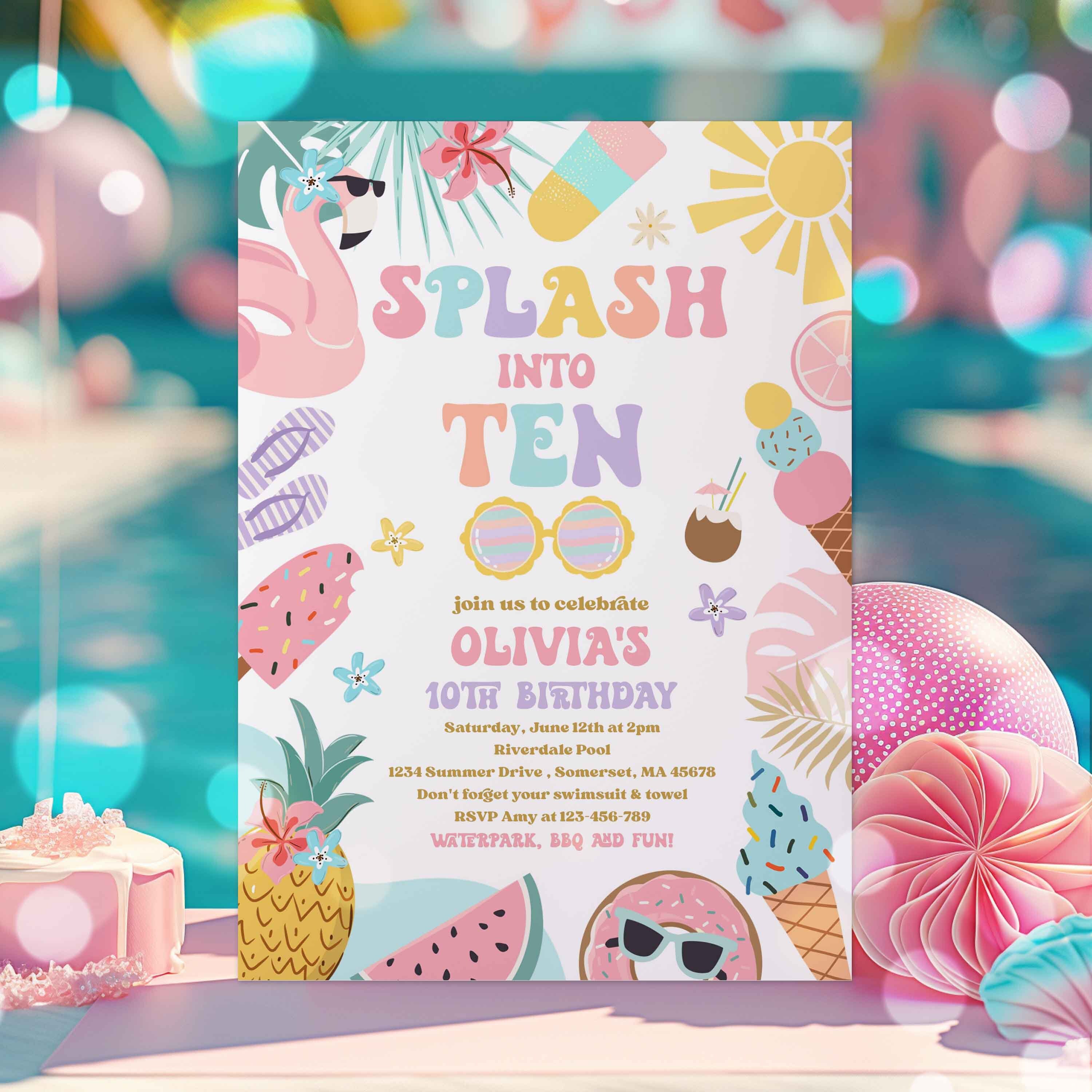 Editable Splash Into Ten 10th Birthday Pool Party Invitation Tropical ...