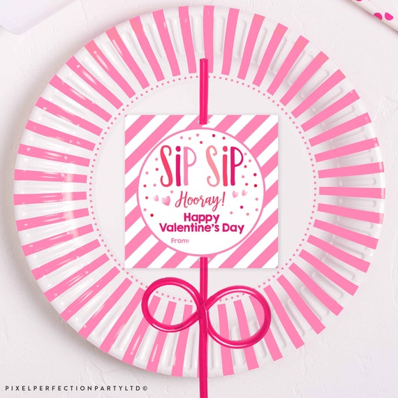 Editable Sip Sip Hooray Valentineʼs Day Gift Tag Valentine Silly Straw ...