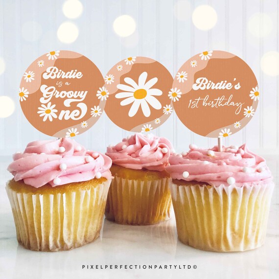 Editable Groovy Birthday Party Cupcake Toppers Tan Retro | Etsy