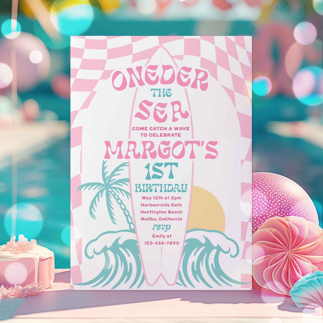 Editable Oneder the Sea Girl Surf 1st Birthday Party Invitation Surf's ...