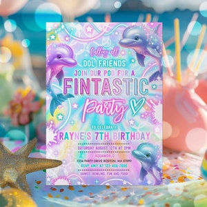 Editable Dolphin Birthday Party Invitation Tie Dye Neon Glow Dolphin ...
