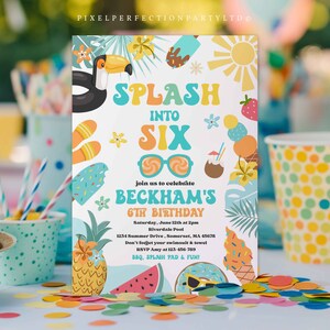 Editable Splash Into Six 6th Birthday Pool Party Invitation Tropical ...