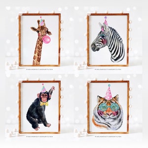 Set of 5 Safari Animals Zebra Tiger Monkey Elephant Giraffe Prints ...