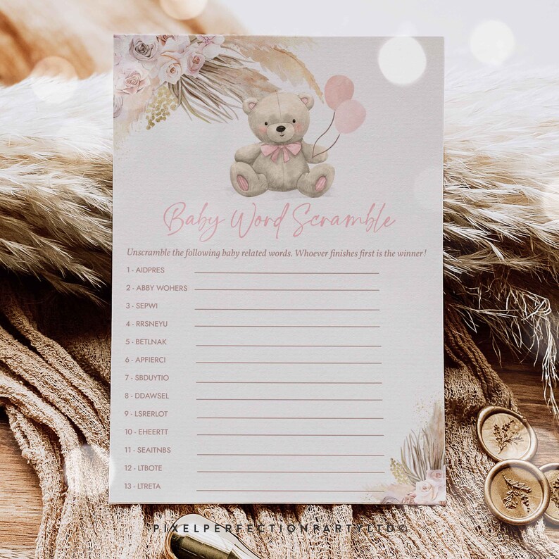 Editable Boho Teddy Bear Baby Word Scramble Game Bohemian | Etsy UK