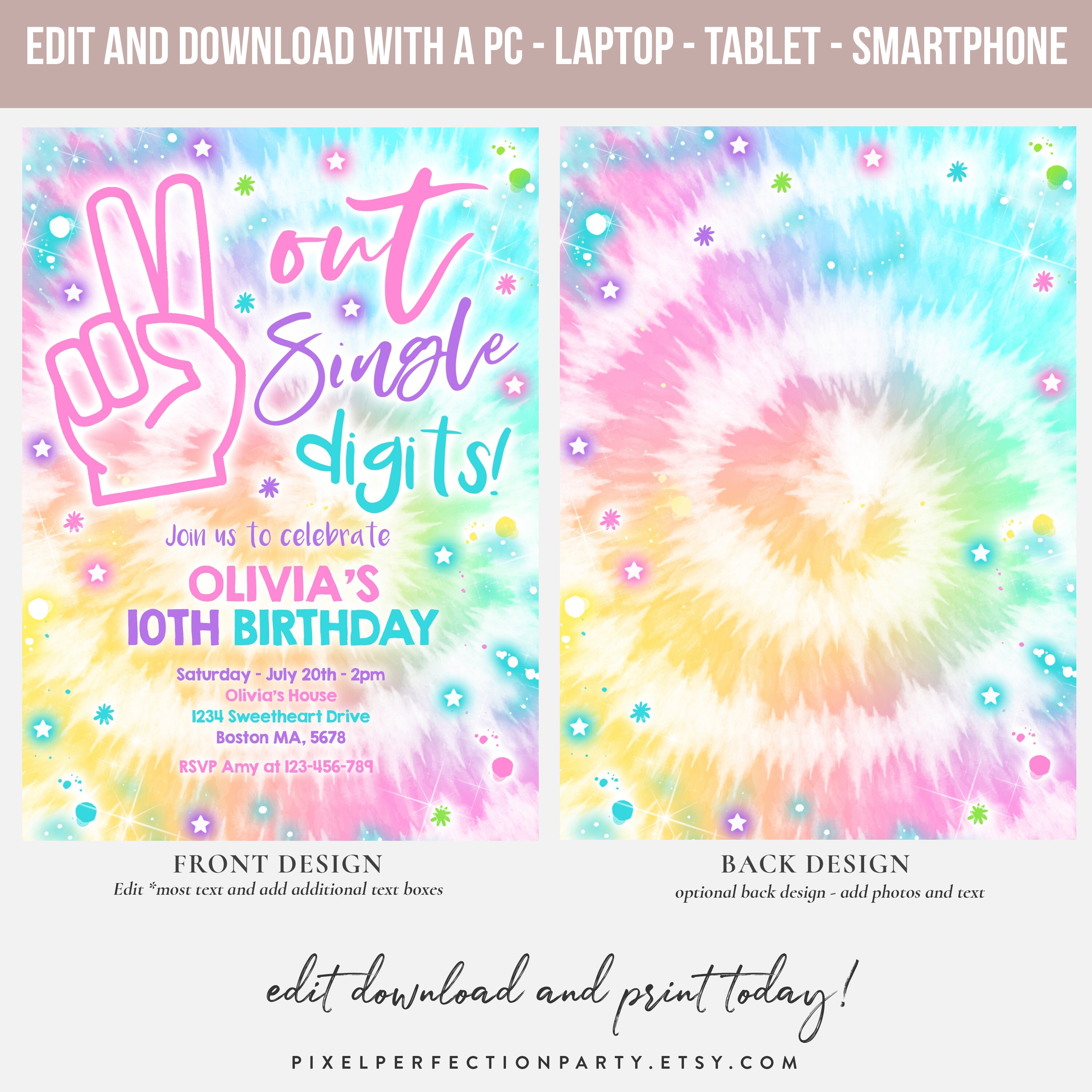 Editable Tie Dye Birthday Party Invitation Peace Out Single - Etsy Canada