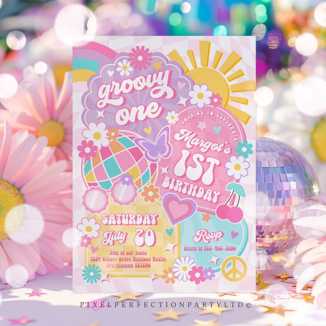 Editable Groovy One 1st Birthday Party Invitation Rainbow Sunshine ...