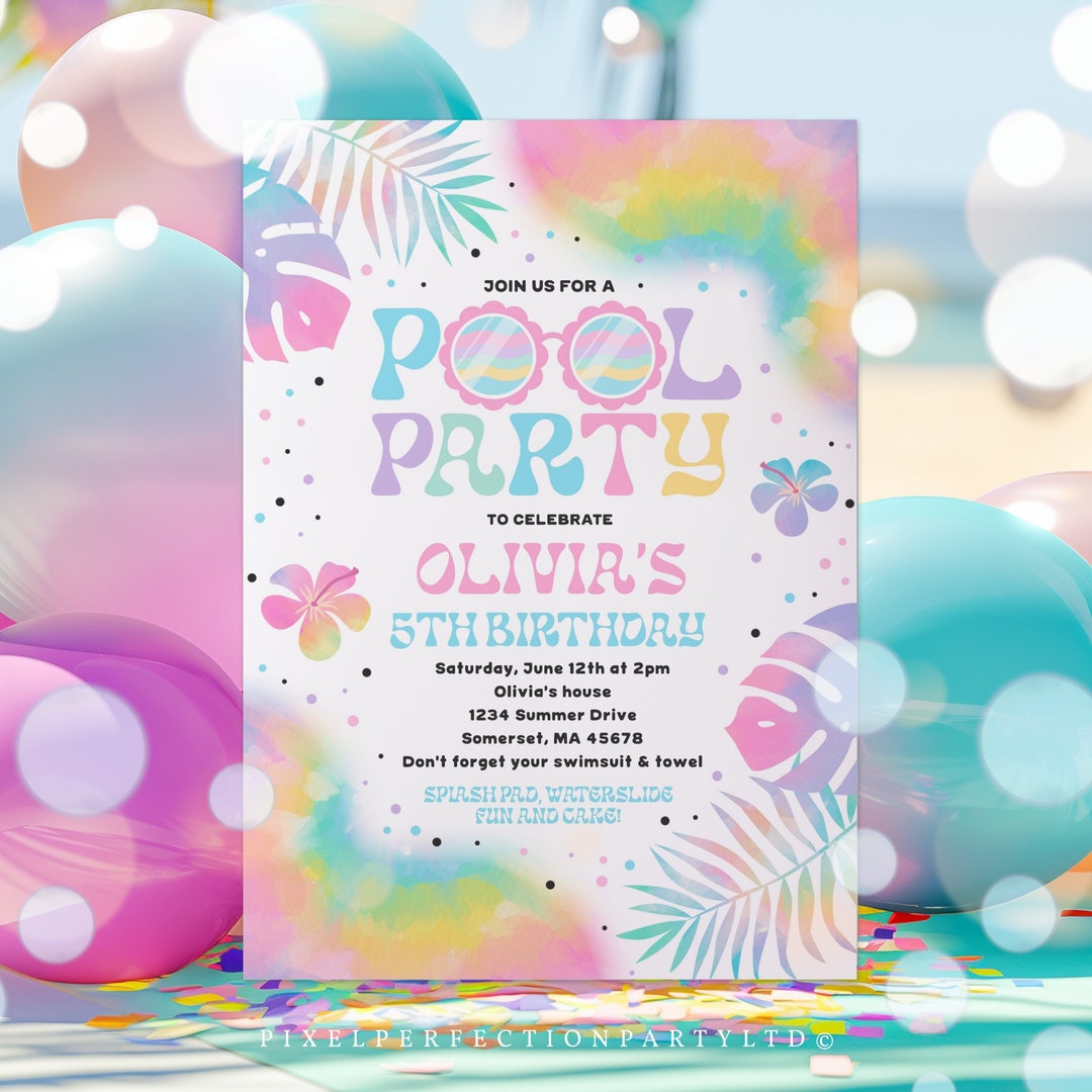 Editable Pool Party Invitation Tropical Splish Splash Girly Pool Party ...