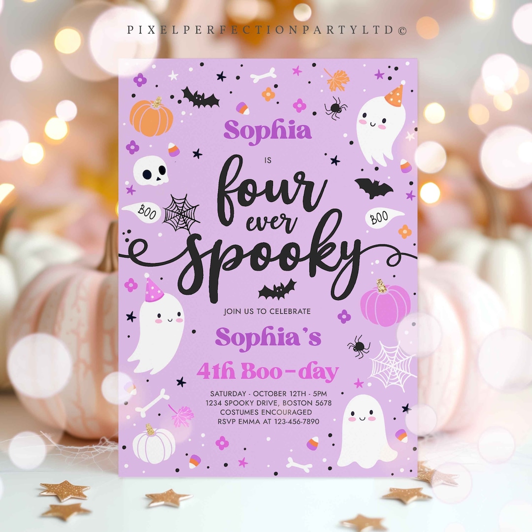 Editable Four Ever Spooky Halloween Ghost 4th Birthday Party Invitation ...