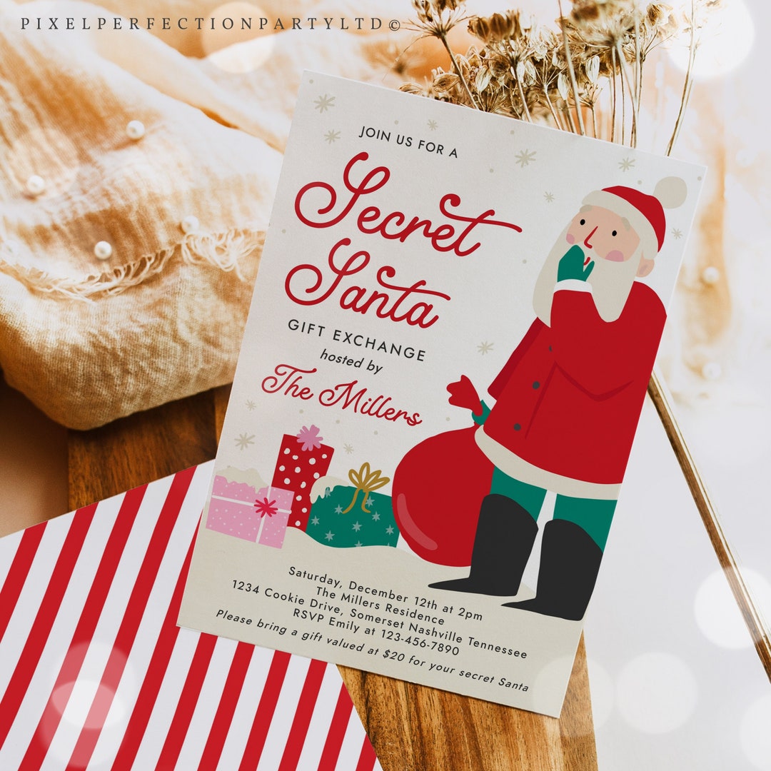 Editable Secret Santa Gift Exchange Invitation Santa Holiday Gift Exchange Party Christmas Gift ...