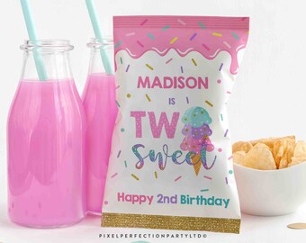 Two Sweet Birthday Chip Bag Pastel Sweets Party Donut Candy Ice Cream ...