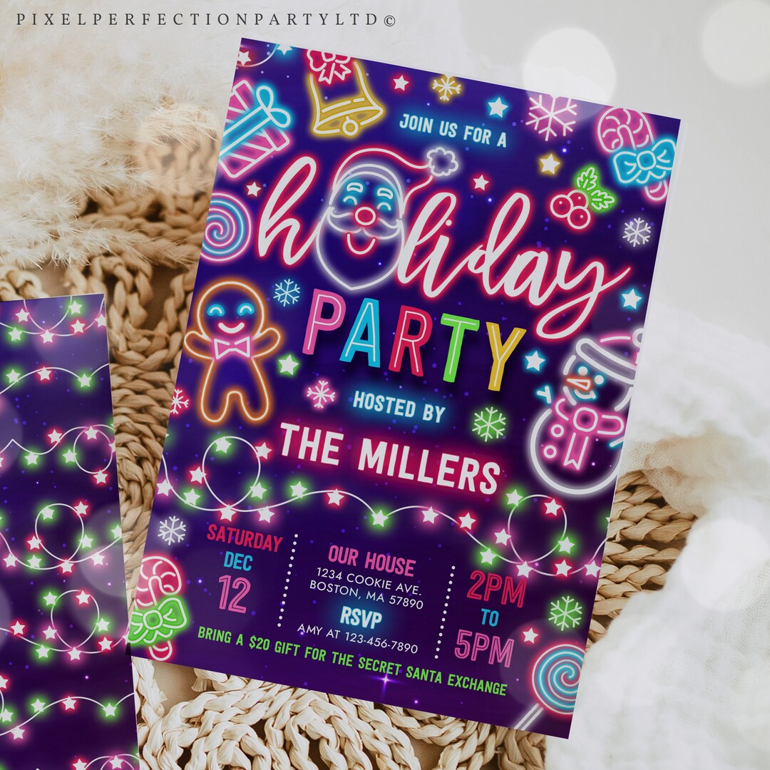 Editable Glow Holiday Party Invitation Neon Christmas Party Invitation ...