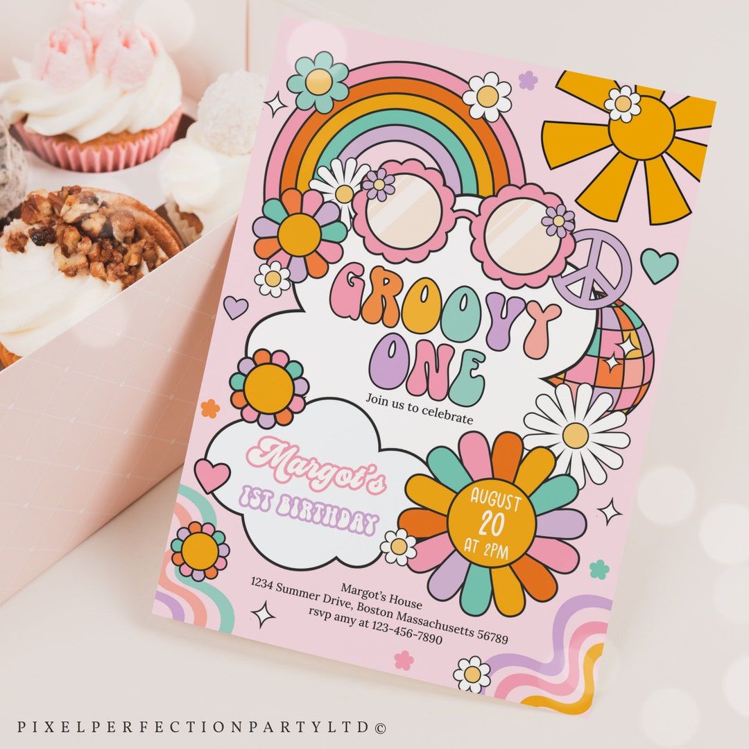 Editable Groovy One Birthday Party Invitation Peace Love Party Groovy ...